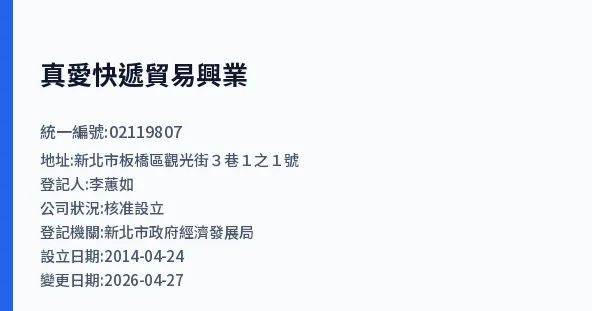 真愛快遞貿易興業的照片-統編 02119807(新北市) 公司登記資料與營業項目詳細圖表