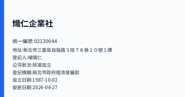 熾仁企業社的照片-統編 02120044(新北市) 公司登記資料與營業項目詳細圖表