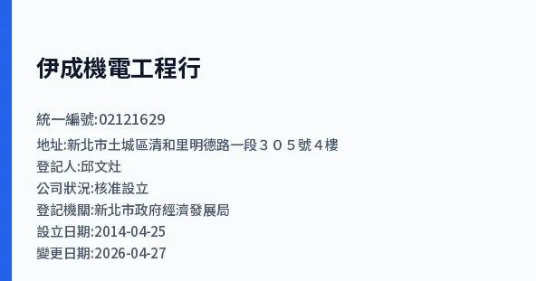 伊成機電工程行的照片-統編 02121629(新北市) 公司登記資料與營業項目詳細圖表