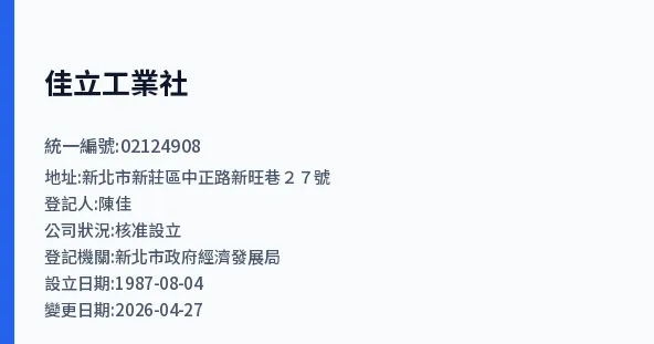佳立工業社的照片-統編 02124908(新北市) 公司登記資料與營業項目詳細圖表