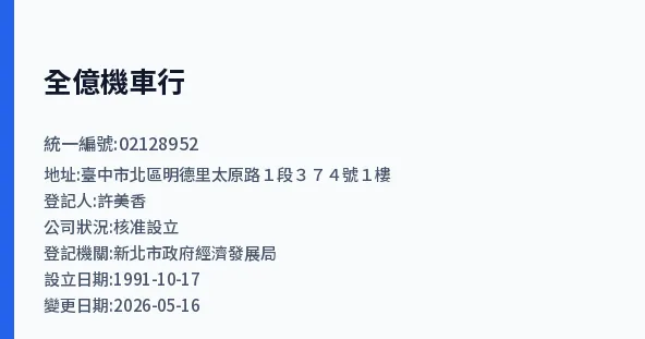 全億機車行的照片-統編 02128952(臺中市) 公司登記資料與營業項目詳細圖表