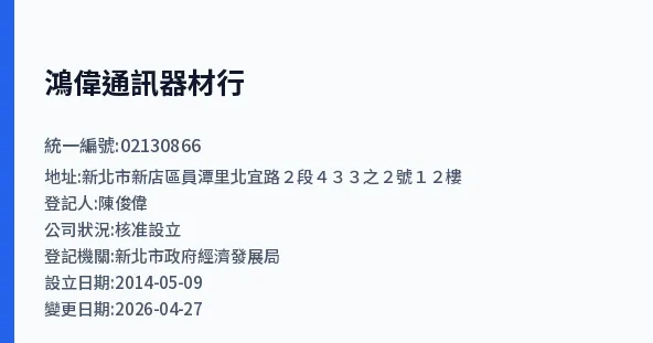 鴻偉通訊器材行的照片-統編 02130866(新北市) 公司登記資料與營業項目詳細圖表