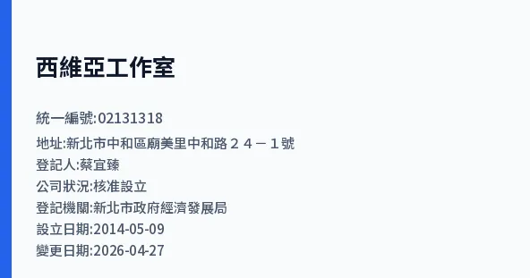 西維亞工作室的照片-統編 02131318(新北市) 公司登記資料與營業項目詳細圖表