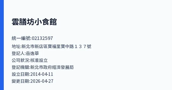 雲膳坊小食館的照片-統編 02132597(新北市) 公司登記資料與營業項目詳細圖表