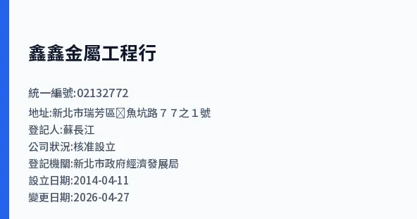 鑫鑫金屬工程行的照片-統編 02132772(新北市) 公司登記資料與營業項目詳細圖表