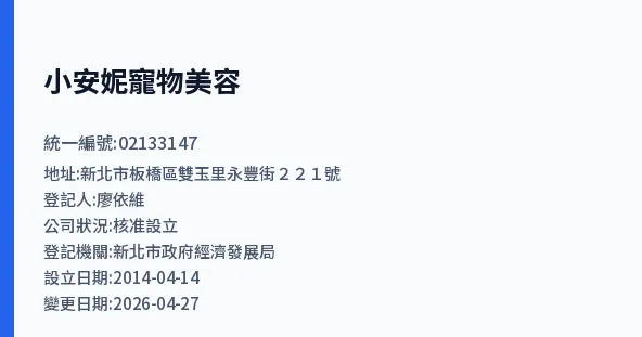 小安妮寵物美容的照片-統編 02133147(新北市) 公司登記資料與營業項目詳細圖表