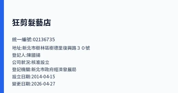 狂剪髮藝店的照片-統編 02136735(新北市) 公司登記資料與營業項目詳細圖表