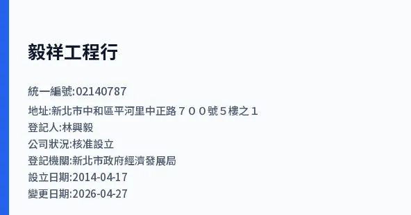 毅祥工程行的照片-統編 02140787(新北市) 公司登記資料與營業項目詳細圖表