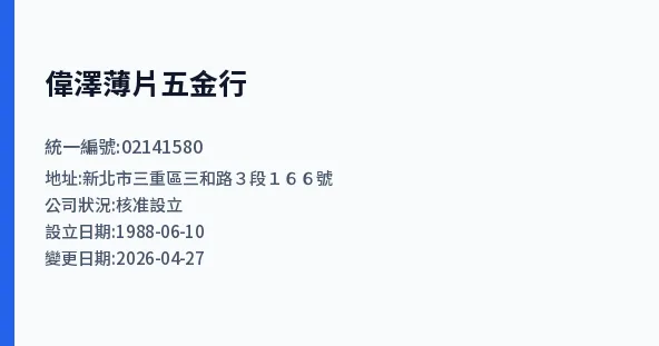 偉澤薄片五金行的照片-統編 02141580(新北市) 公司登記資料與營業項目詳細圖表