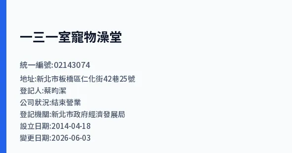 一三一室寵物澡堂的照片-統編 02143074(新北市) 公司登記資料與營業項目詳細圖表