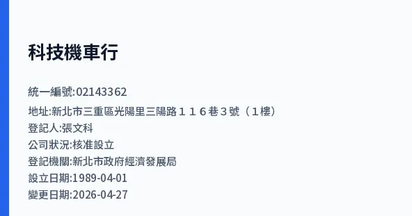 科技機車行的照片-統編 02143362(新北市) 公司登記資料與營業項目詳細圖表