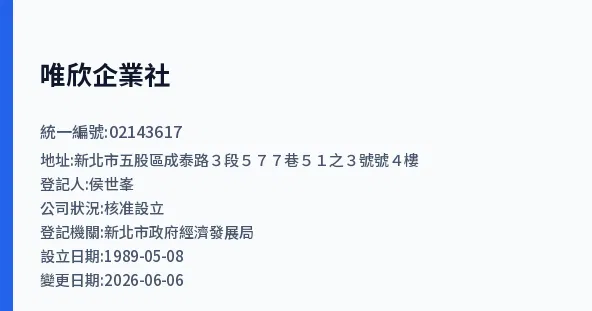 唯欣企業社的照片-統編 02143617(新北市) 公司登記資料與營業項目詳細圖表