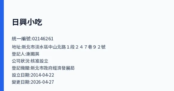 日興小吃的照片-統編 02146261(新北市) 公司登記資料與營業項目詳細圖表
