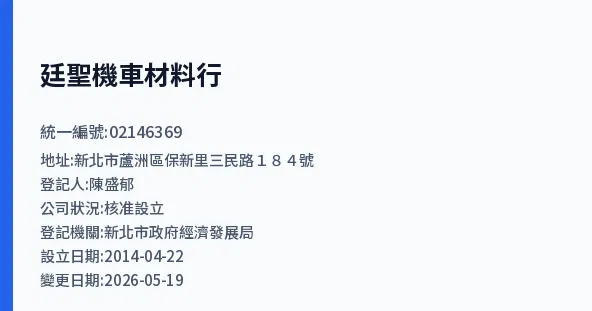 廷聖機車材料行的照片-統編 02146369(新北市) 公司登記資料與營業項目詳細圖表