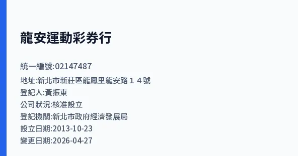 龍安運動彩券行的照片-統編 02147487(新北市) 公司登記資料與營業項目詳細圖表