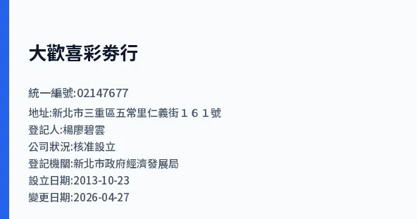 大歡喜彩劵行的照片-統編 02147677(新北市) 公司登記資料與營業項目詳細圖表