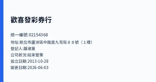 歡喜發彩券行的照片-統編 02154368(新北市) 公司登記資料與營業項目詳細圖表