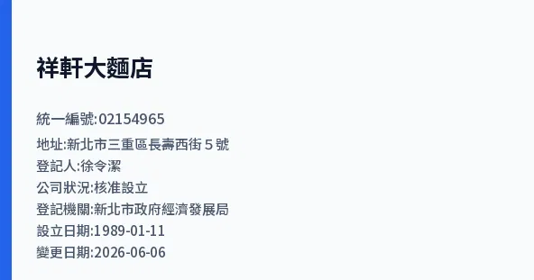 祥軒大麵店的照片-統編 02154965(新北市) 公司登記資料與營業項目詳細圖表