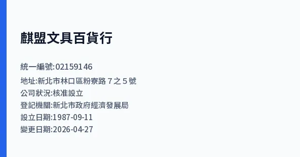 麒盟文具百貨行的照片-統編 02159146(新北市) 公司登記資料與營業項目詳細圖表