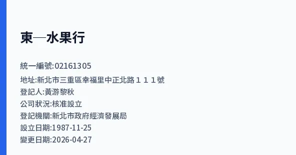 東─水果行的照片-統編 02161305(新北市) 公司登記資料與營業項目詳細圖表