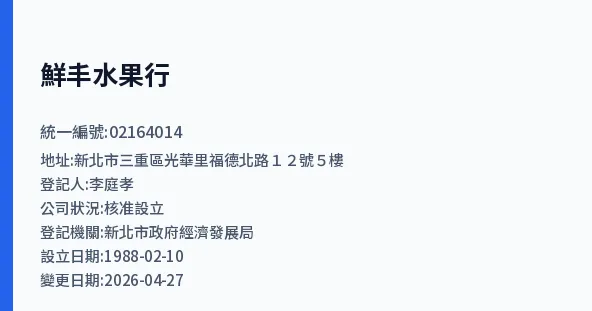 鮮丰水果行的照片-統編 02164014(新北市) 公司登記資料與營業項目詳細圖表