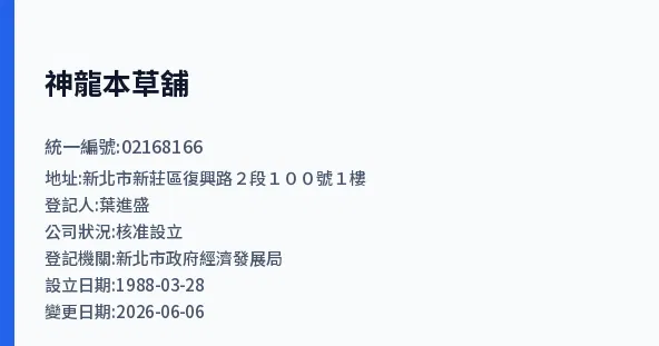 神龍本草舖的照片-統編 02168166(新北市) 公司登記資料與營業項目詳細圖表