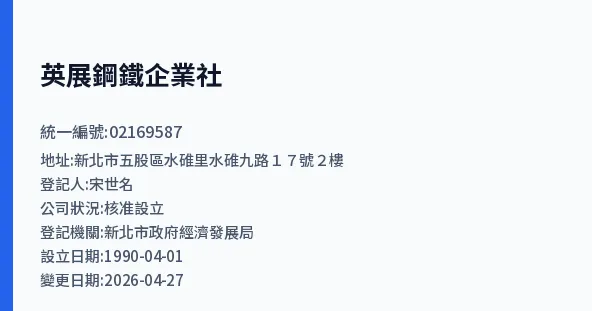 英展鋼鐵企業社的照片-統編 02169587(新北市) 公司登記資料與營業項目詳細圖表