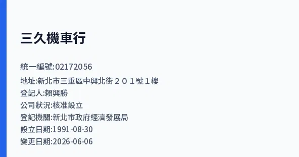 三久機車行的照片-統編 02172056(新北市) 公司登記資料與營業項目詳細圖表