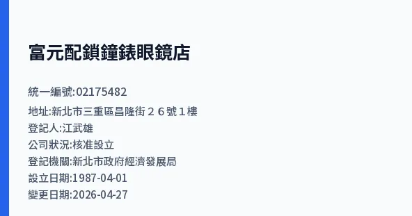 富元配鎖鐘錶眼鏡店的照片-統編 02175482(新北市) 公司登記資料與營業項目詳細圖表
