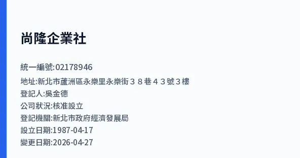 尚隆企業社的照片-統編 02178946(新北市) 公司登記資料與營業項目詳細圖表