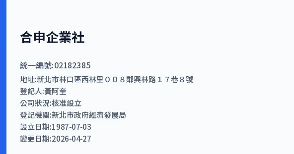 合申企業社的照片-統編 02182385(新北市) 公司登記資料與營業項目詳細圖表