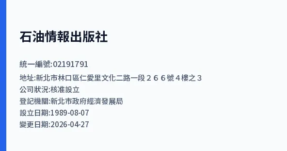石油情報出版社的照片-統編 02191791(新北市) 公司登記資料與營業項目詳細圖表