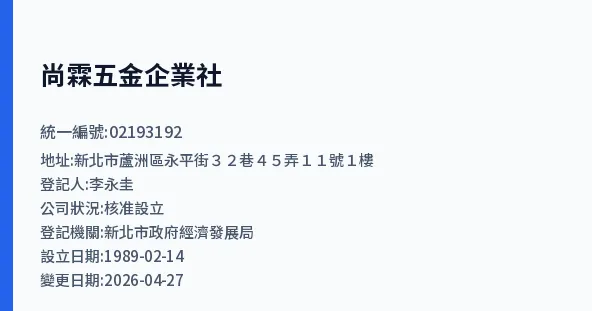尚霖五金企業社的照片-統編 02193192(新北市) 公司登記資料與營業項目詳細圖表