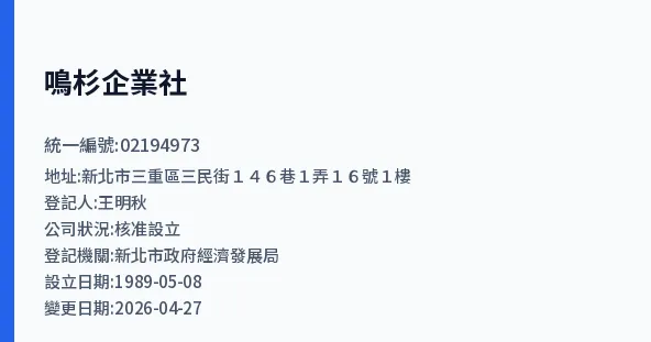 鳴杉企業社的照片-統編 02194973(新北市) 公司登記資料與營業項目詳細圖表
