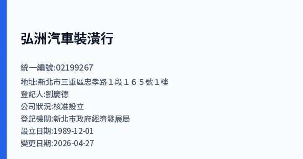 弘洲汽車裝潢行的照片-統編 02199267(新北市) 公司登記資料與營業項目詳細圖表