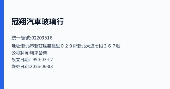 冠翔汽車玻璃行的照片-統編 02203516(新北市) 公司登記資料與營業項目詳細圖表