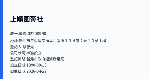 上順園藝社的照片-統編 02208998(新北市) 公司登記資料與營業項目詳細圖表