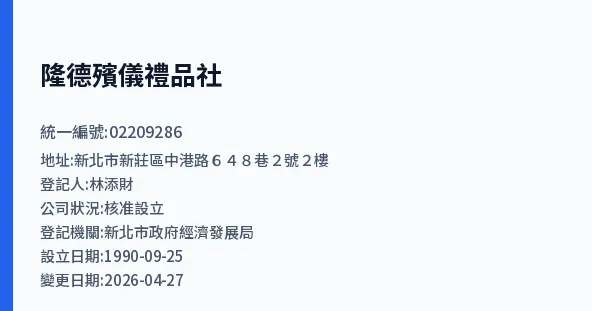 隆德殯儀禮品社的照片-統編 02209286(新北市) 公司登記資料與營業項目詳細圖表