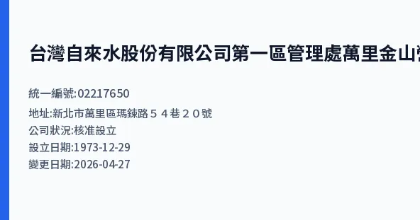 台灣自來水股份有限公司第一區管理處萬里金山營運所的照片-統編 02217650(新北市) 公司登記資料與營業項目詳細圖表