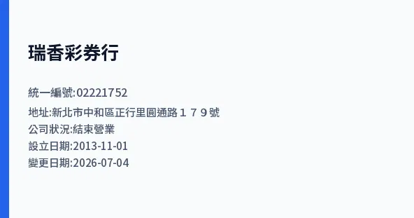 瑞香彩券行的照片-統編 02221752(新北市) 公司登記資料與營業項目詳細圖表