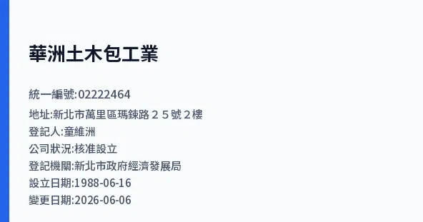 華洲土木包工業的照片-統編 02222464(新北市) 公司登記資料與營業項目詳細圖表