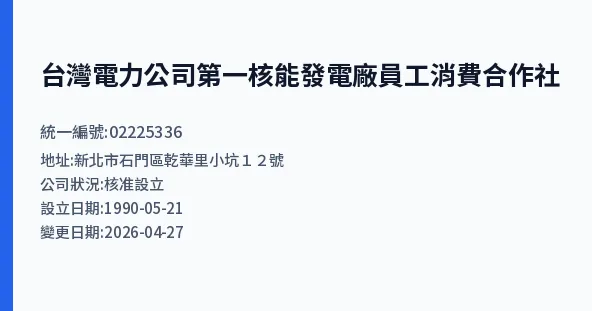 台灣電力公司第一核能發電廠員工消費合作社的照片-統編 02225336(新北市) 公司登記資料與營業項目詳細圖表