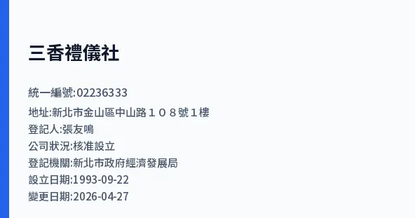 三香禮儀社的照片-統編 02236333(新北市) 公司登記資料與營業項目詳細圖表