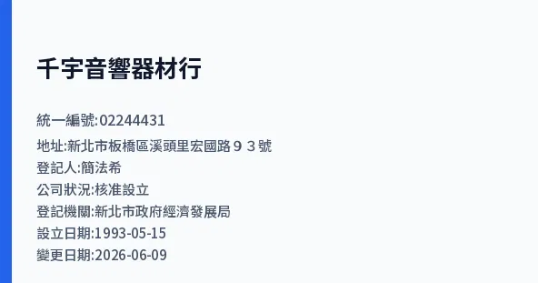 千宇音響器材行的照片-統編 02244431(新北市) 公司登記資料與營業項目詳細圖表