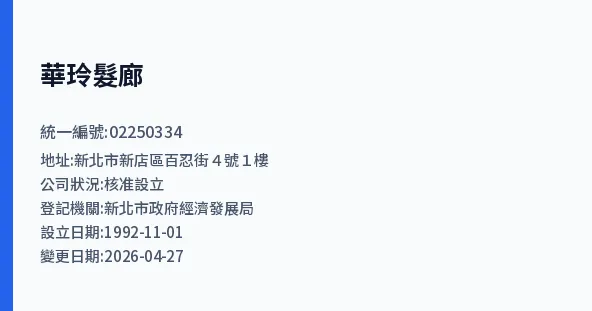 華玲髮廊的照片-統編 02250334(新北市) 公司登記資料與營業項目詳細圖表