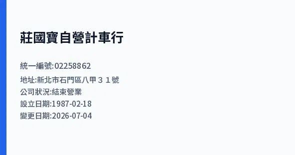 莊國寶自營計車行的照片-統編 02258862(新北市) 公司登記資料與營業項目詳細圖表