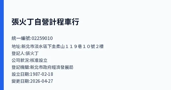 張火丁自營計程車行的照片-統編 02259010(新北市) 公司登記資料與營業項目詳細圖表