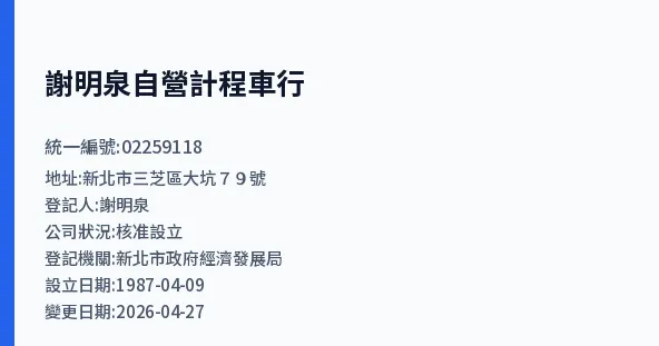 謝明泉自營計程車行的照片-統編 02259118(新北市) 公司登記資料與營業項目詳細圖表