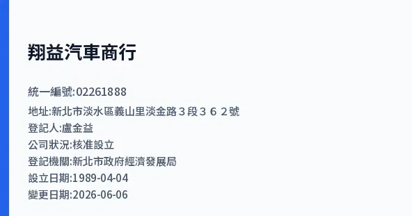 翔益汽車商行的照片-統編 02261888(新北市) 公司登記資料與營業項目詳細圖表