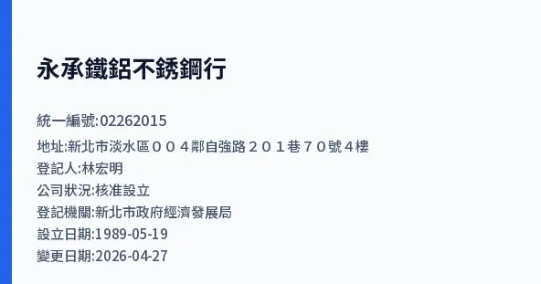 永承鐵鋁不銹鋼行的照片-統編 02262015(新北市) 公司登記資料與營業項目詳細圖表